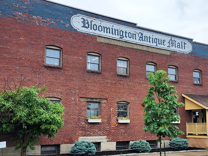 Old-world charm meets small-town Indiana in this historic brick building, where window boxes and mature trees soften the industrial edges of antique heaven.