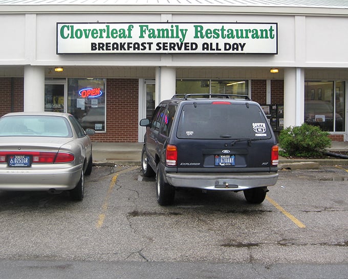 The unassuming storefront of Cloverleaf Family Restaurant promises what every great diner should: "BREAKFAST SERVED ALL DAY" – the five most beautiful words in the English language.