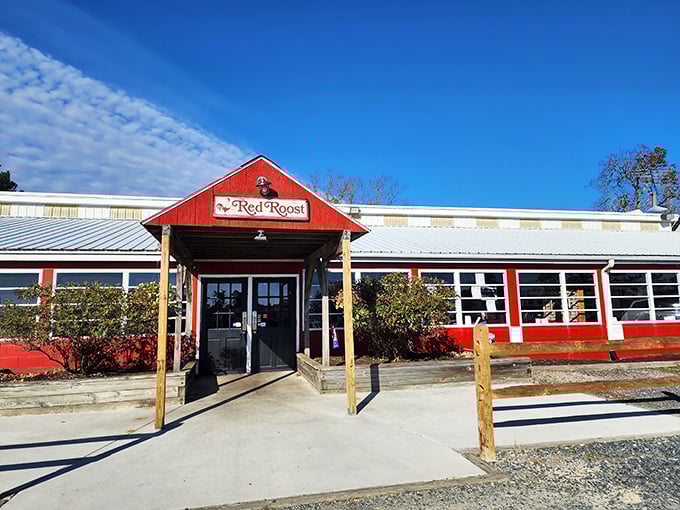The bright red exterior isn't just a name—it's a beacon of culinary promise standing proudly against the Maryland sky, beckoning hungry travelers from miles around.