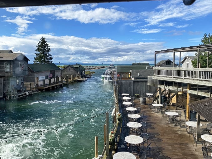 Where water meets whimsy! The Cove's deck offers front-row seats to Leland's aquatic highway, where boats parade and appetites awaken.