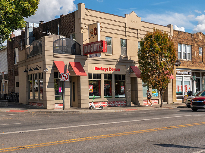 The unassuming corner spot where culinary dreams come true. Buckeye Donuts' vintage charm and red awnings beckon like an old friend with delicious secrets.