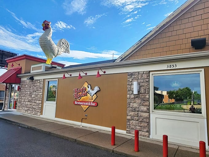 The iconic rooster stands sentinel atop Ron's Roost, a beacon of fried chicken perfection that's been drawing hungry pilgrims to Cincinnati for generations.
