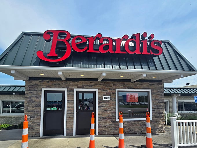 The bright red Berardi’s sign shines against stone and steel, pointing the way to breakfast comfort food bliss.