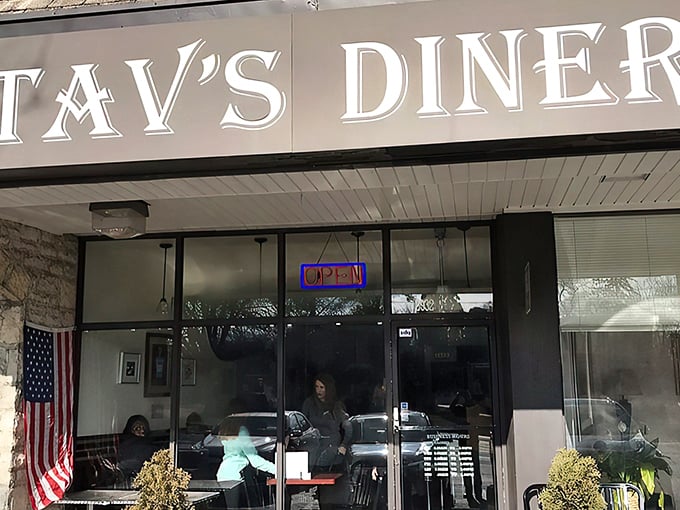 The welcoming storefront of Stav's Diner beckons with its classic signage and cozy outdoor seating—a Columbus breakfast sanctuary hiding in plain sight.