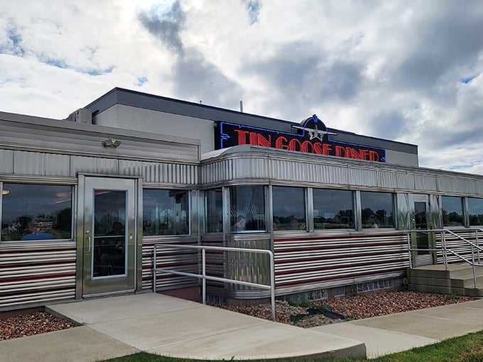 From another angle, the diner's streamlined metallic facade catches Ohio sunlight, a chrome time capsule waiting to transport hungry travelers back to simpler times.