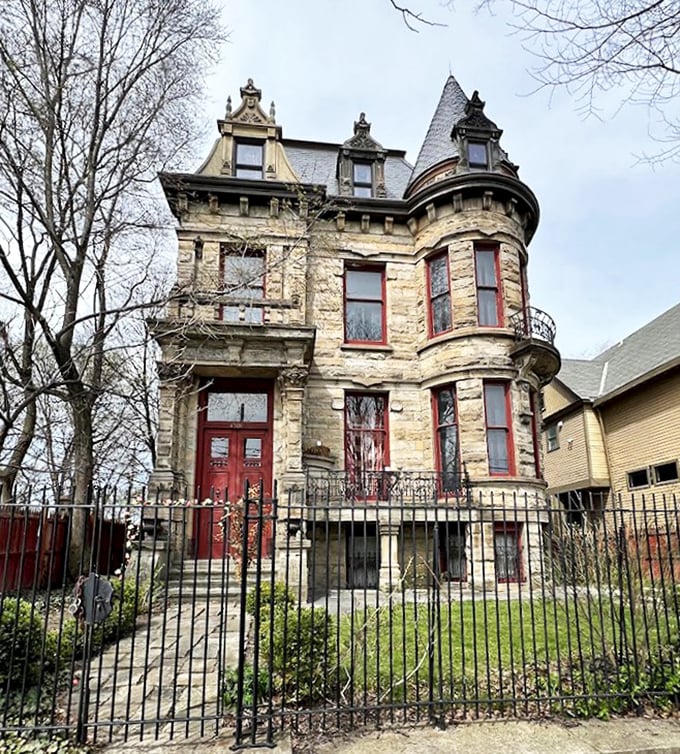 Franklin Castle stands like a Victorian-era haunted house casting call winner, complete with turrets, gargoyles, and an aura that whispers, "Enter if you dare."