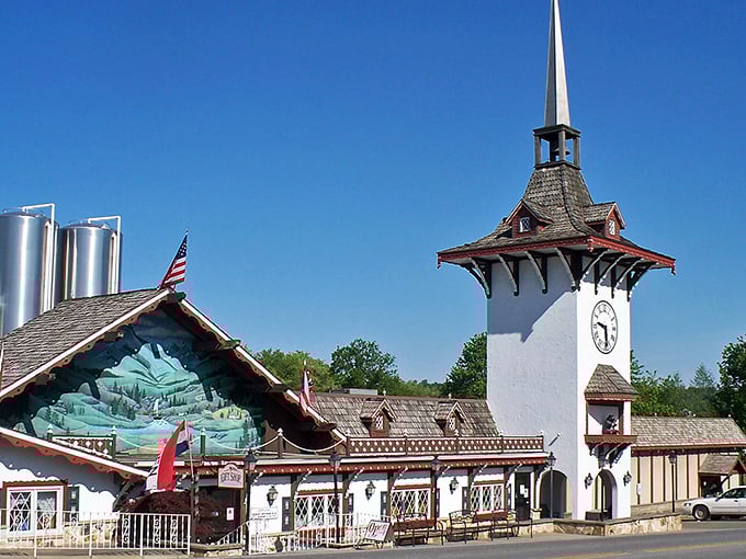 The Swiss-inspired architecture with its iconic clock tower isn't just for show—it's your first clue that cheese paradise awaits inside. Welcome to dairy heaven!