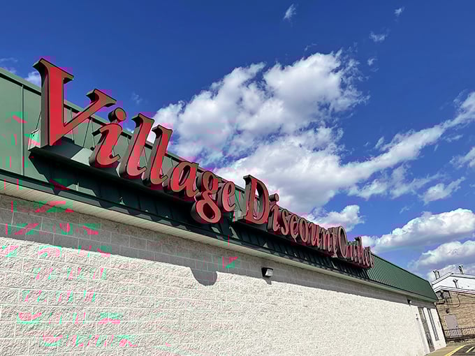 The iconic red signage against a blue Ohio sky – a beacon of hope for bargain hunters and treasure seekers alike.