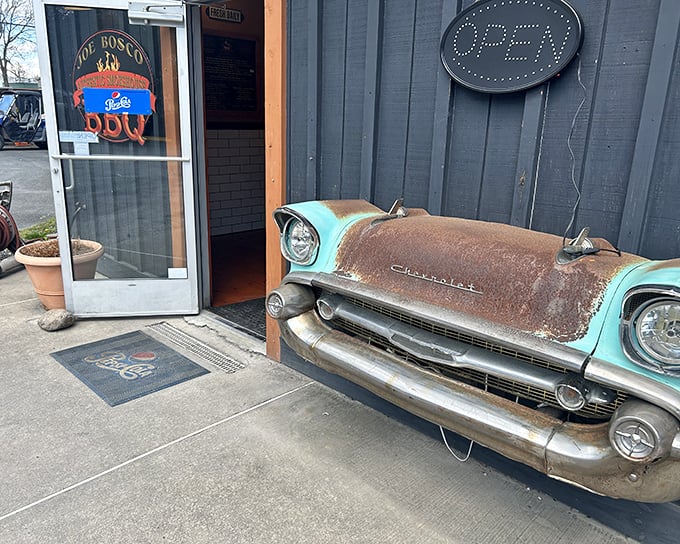 A closer look at that magnificent Chevy front end – automotive history meets culinary artistry. This place understands presentation starts before you even walk through the door.
