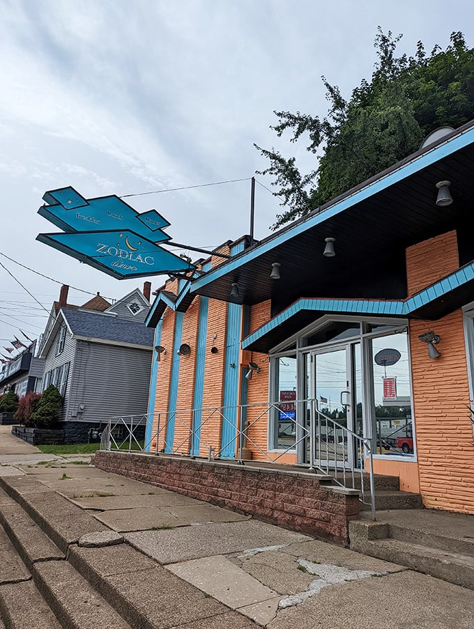 The retro-futuristic exterior of Zodiac Dinor beckons like a colorful spaceship that landed in Erie with one mission: to serve otherworldly breakfast.