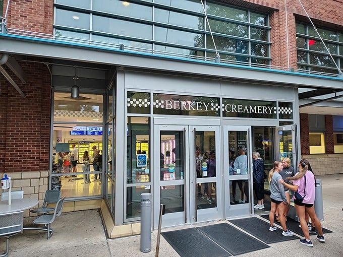 The brick facade of Berkey Creamery stands like a temple to dairy devotion, beckoning ice cream pilgrims with its checkered welcome.