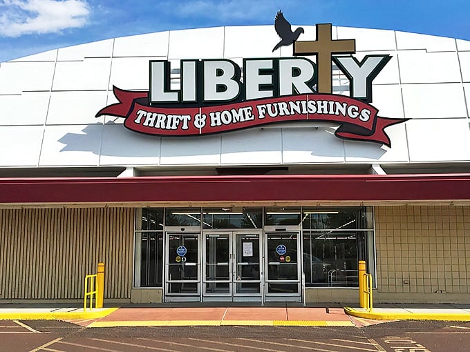 The iconic storefront beckons with promises of hidden treasures. That cross in the logo reminds you this shopping spree supports a worthy cause.