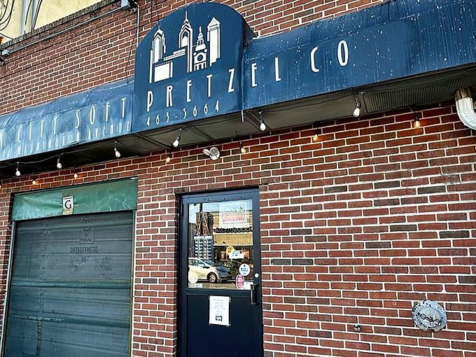 A closer look at pretzel paradise – where the Philadelphia skyline logo hints at the local treasure you're about to experience.