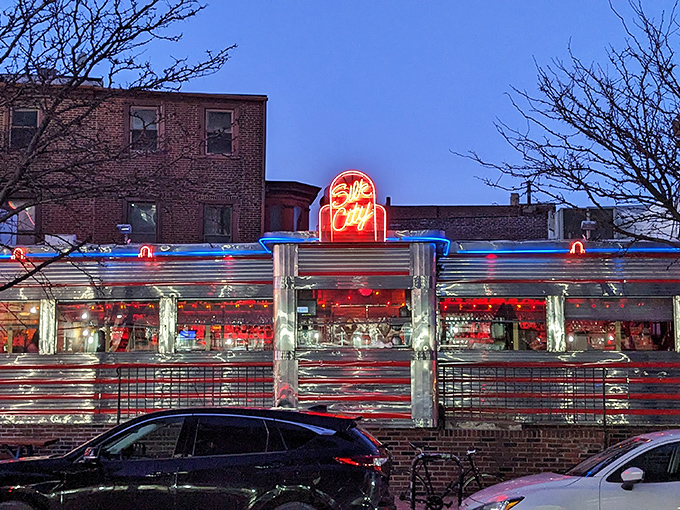 The gleaming stainless steel exterior of Silk City glows like a time machine to tastier days, its neon sign beckoning hungry travelers from across Pennsylvania.