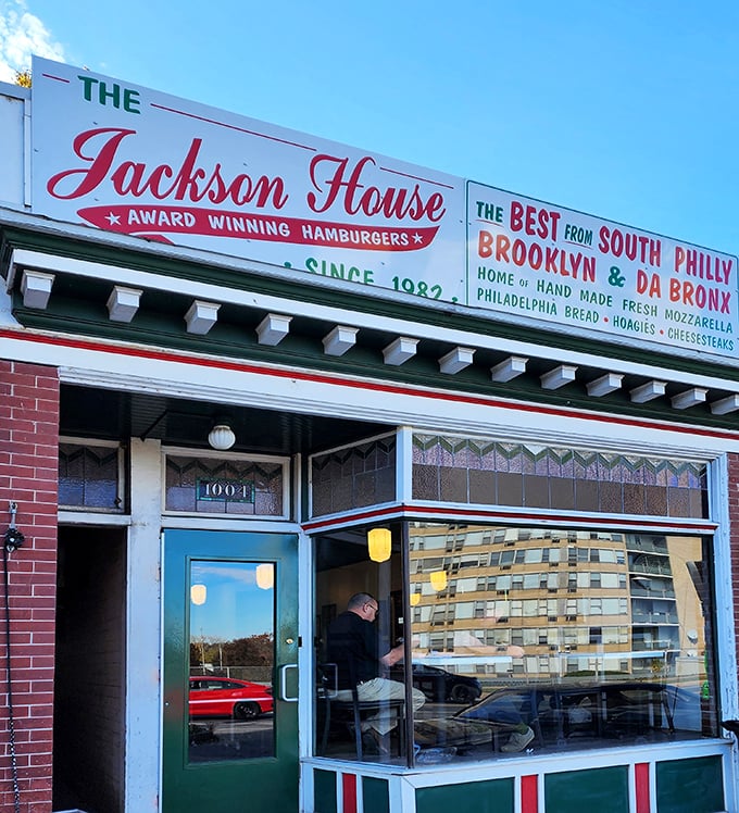 The iconic storefront of The Jackson House stands proudly in Harrisburg, its vintage sign promising "Award Winning Hamburgers" and a taste of big city flavors in Pennsylvania's capital.