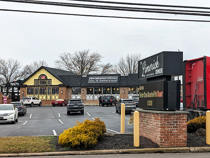 The classic brick exterior with its cheerful yellow accents promises comfort food salvation, like a lighthouse guiding hungry travelers home.