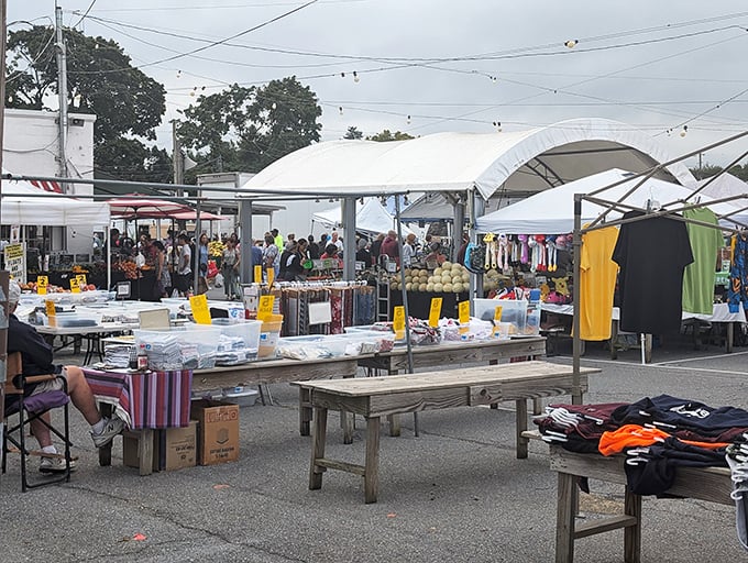 The treasure hunt begins under white canopy tents, where one person's castoffs become another's prized possessions. Every table tells a different story.