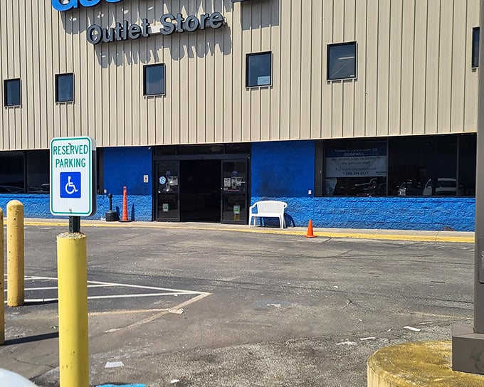 The unassuming exterior of Goodwill's Outlet Store in North Versailles—where treasure hunting begins and wallets breathe sighs of relief.