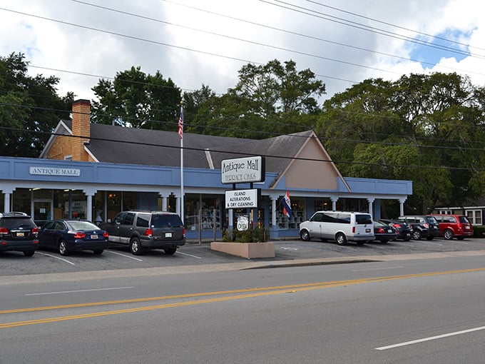 The unassuming blue-trimmed exterior of Terrace Oaks Antique Mall – where Charleston's past awaits behind a modest façade that belies the treasures within.