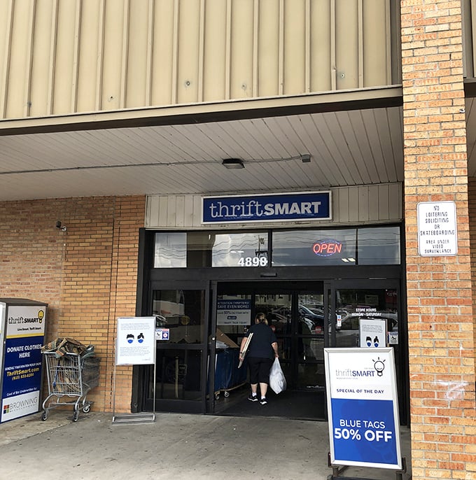 The unassuming exterior of ThriftSmart belies the treasure trove within—like finding a gourmet meal at what looks like a greasy spoon.
