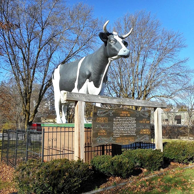 Against a brilliant blue sky, Antoinette stands tall and proud, the undisputed queen of Plymouth's skyline. Wisconsin's dairy heritage in fiberglass form.