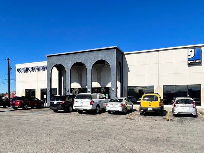The architectural equivalent of a mullet: business in front, thrift party inside. This distinctive arched entrance welcomes bargain hunters to San Antonio's premier secondhand wonderland.