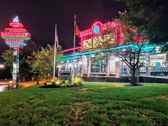 The neon glow of Broadway Diner at night isn't just illumination—it's a beacon calling to hungry souls and night owls across Baltimore.