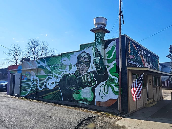 The vibrant mural adorning Green Lantern's exterior isn't just eye-catching—it's your beacon to breakfast paradise in Toledo. American flag included, no passport required!
