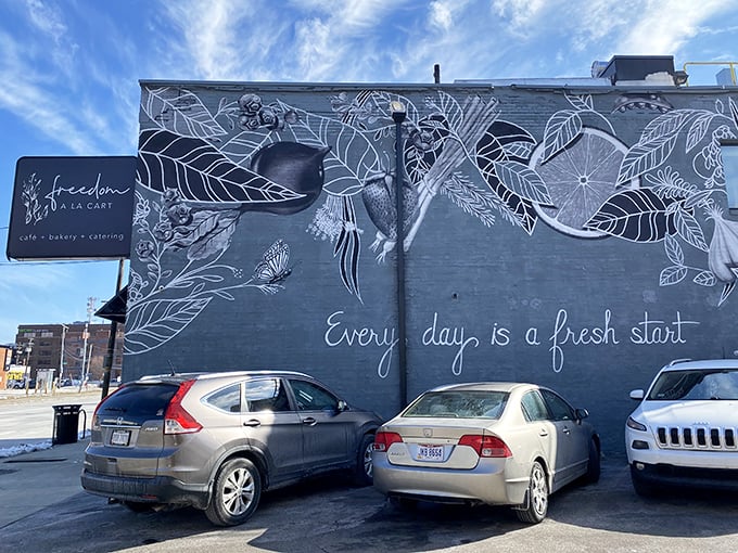 The striking mural on Freedom a la Cart's exterior promises "Every day is a fresh start" – both for diners and those the café supports.