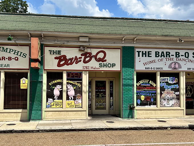 Those dancing pigs aren't just cute – they're celebrating because they know you're about to experience barbecue nirvana at The Bar-B-Q Shop.