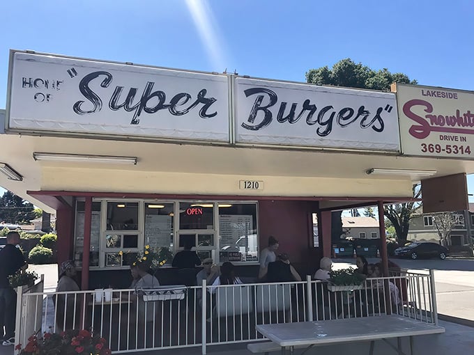 The classic red and white signage promises what California road trip dreams are made of—unpretentious perfection between two buns.