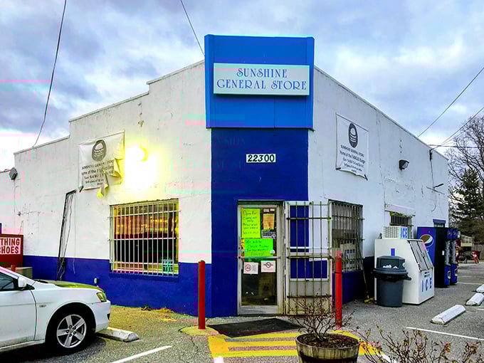 The blue and white façade of Sunshine General Store stands like a time capsule in Brookeville, beckoning hungry travelers with unpretentious charm.