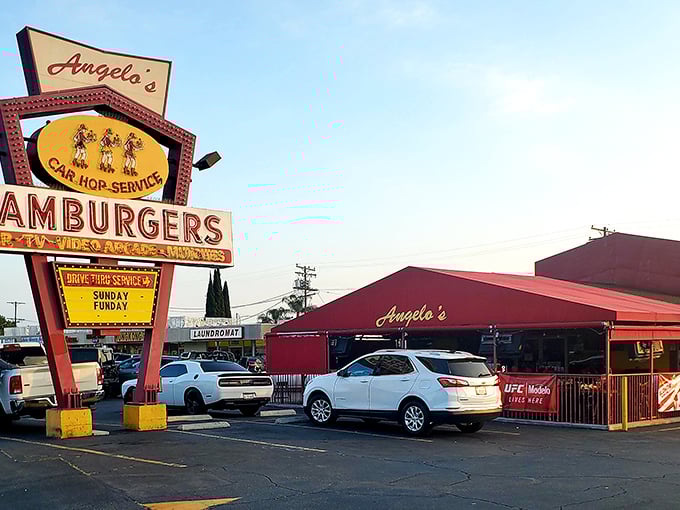 Angela’s retro sign and bold red awning set the stage for a true old-school burger experience in Anaheim.