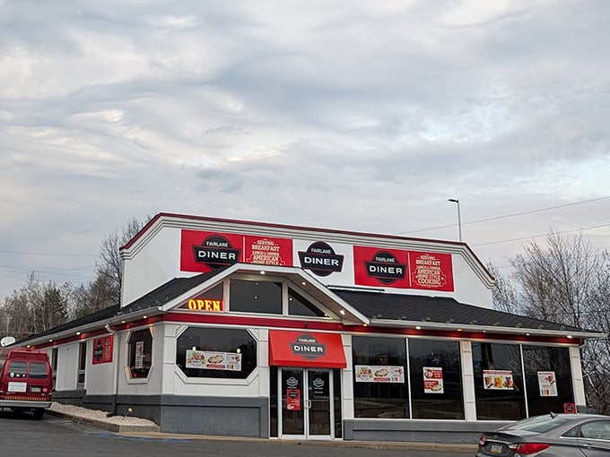 A different angle reveals the diner's inviting facade, with bold signage promising "fabulous cooking" that actually delivers on that claim.