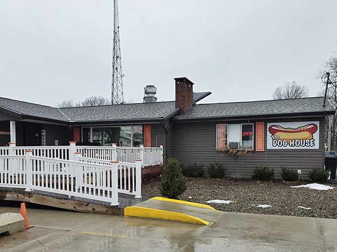 Cleveland sports pride meets hot dog heaven. The accessibility ramp isn't just thoughtful design—it's preparation for the food coma that awaits inside.