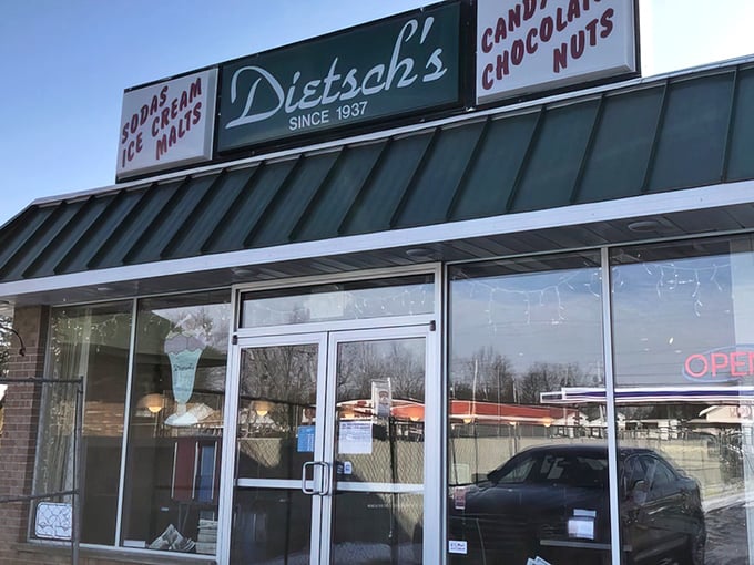 Winter can't dim the warm welcome of Dietsch's glowing "OPEN" sign. Like a lighthouse for dessert seekers navigating the seas of everyday life.