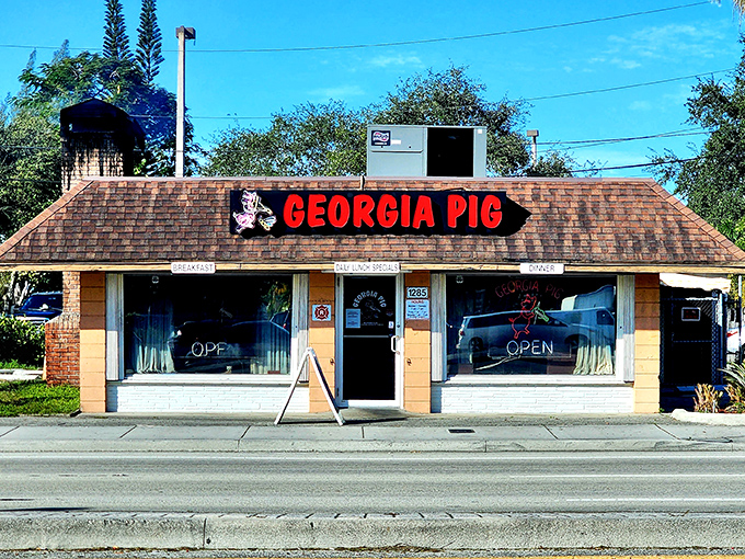 The iconic Georgia Pig sign has been beckoning hungry travelers since 1953. Some landmarks need neon and flash—this one just needs smoke signals.