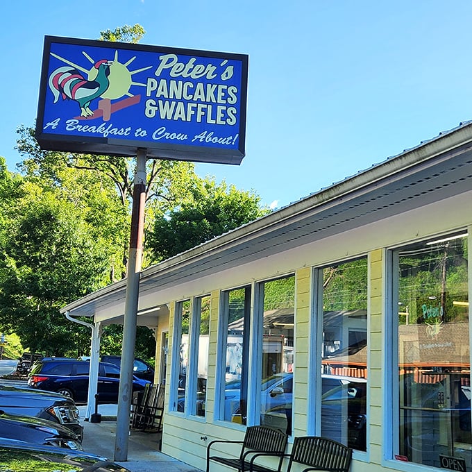 The cheerful rooster sign beckons hungry travelers like a breakfast lighthouse. Peter's yellow exterior promises comfort food that'll make you forget you're not in grandma's kitchen.