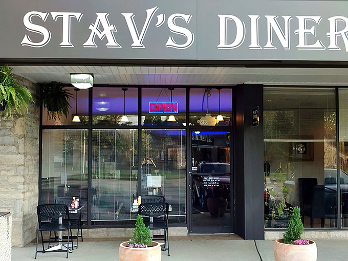The welcoming storefront of Stav's Diner beckons with its classic signage and cozy outdoor seating—a Columbus breakfast sanctuary hiding in plain sight.