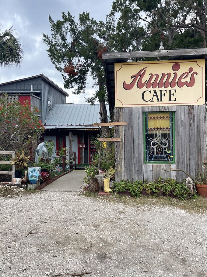 A seagull stands sentinel atop Annie's sign, as if guarding Cedar Key's breakfast treasure from those who haven't earned the journey down this rural backroad.