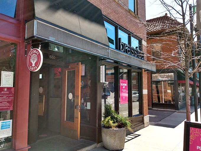 Brassica's sleek storefront in Columbus' Short North district invites passersby with its modern façade and warm wooden accents—Mediterranean magic hiding in plain sight.