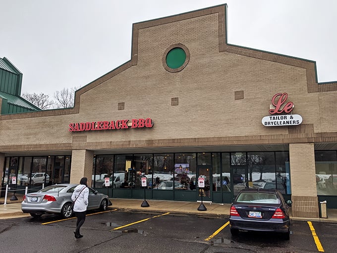 The brick facade and glowing red sign of Saddleback BBQ beckons like a lighthouse for the hungry and smoke-deprived souls of Okemos.