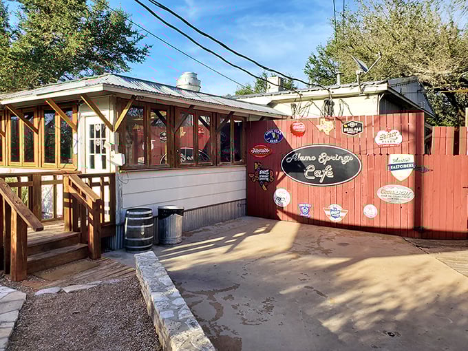 The unassuming exterior of Alamo Springs Café proves once again that in Texas, the most spectacular burgers often hide behind the most modest facades.