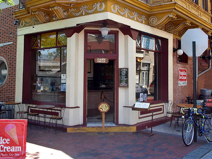 That corner storefront whispers sweet promises of frozen delights and time-travel adventures in Old City Philadelphia.