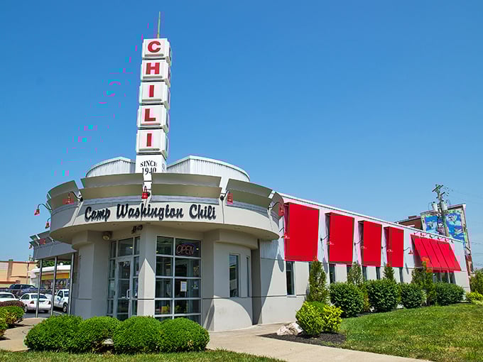 The iconic Camp Washington Chili building stands like a retro beacon of comfort food, its vertical "CHILI" sign promising delicious salvation to hungry travelers.