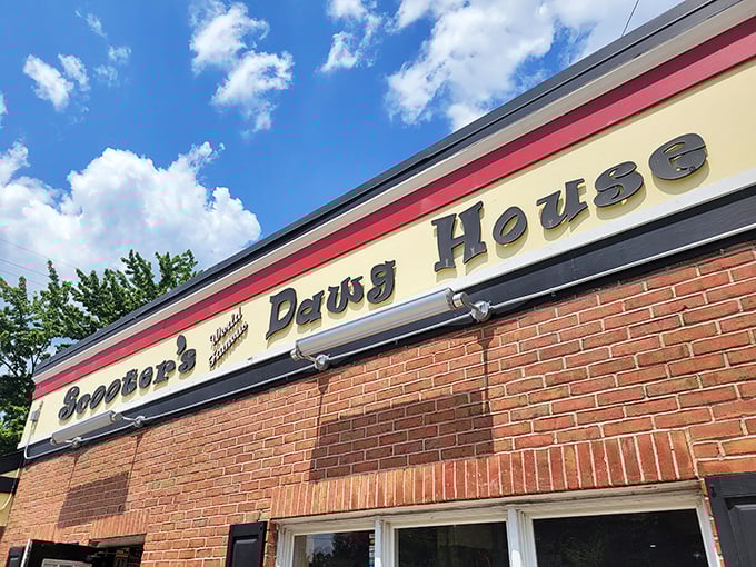 Scooter's bold signage promises what lies within—a temple of tubular meat worship under the Ohio sky.