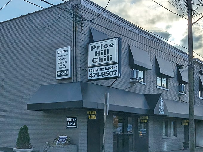 The unassuming brick exterior of Price Hill Chili – where Cincinnati's culinary magic happens without fanfare or pretension.