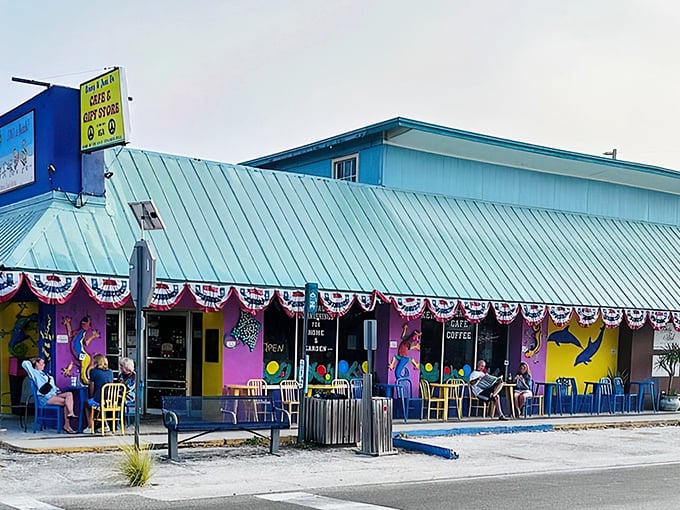 Island architecture meets coastal charm with outdoor seating that invites you to sip coffee while watching Anna Maria's gentle parade of beach-goers.