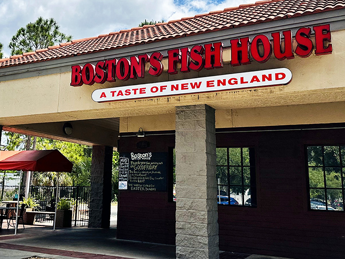 The red lettering against the beige exterior promises New England treasures in the Florida sunshine. A culinary lighthouse for seafood pilgrims.