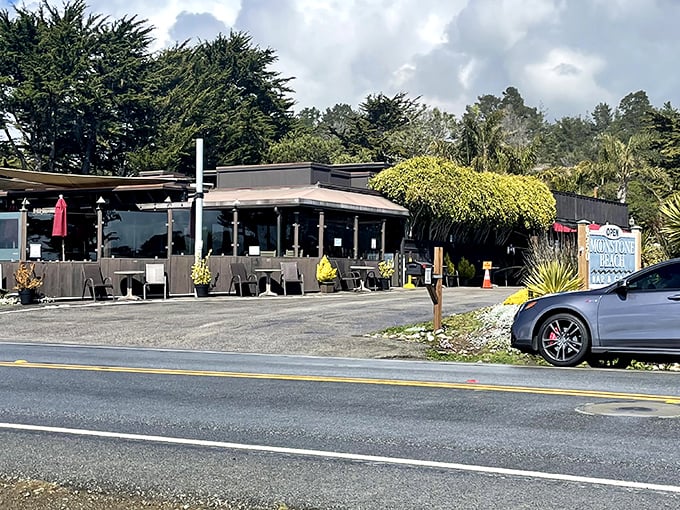 The unassuming exterior of culinary greatness. Like finding a Picasso at a yard sale, Moonstone Beach Bar & Grill's modest façade belies the treasures within.